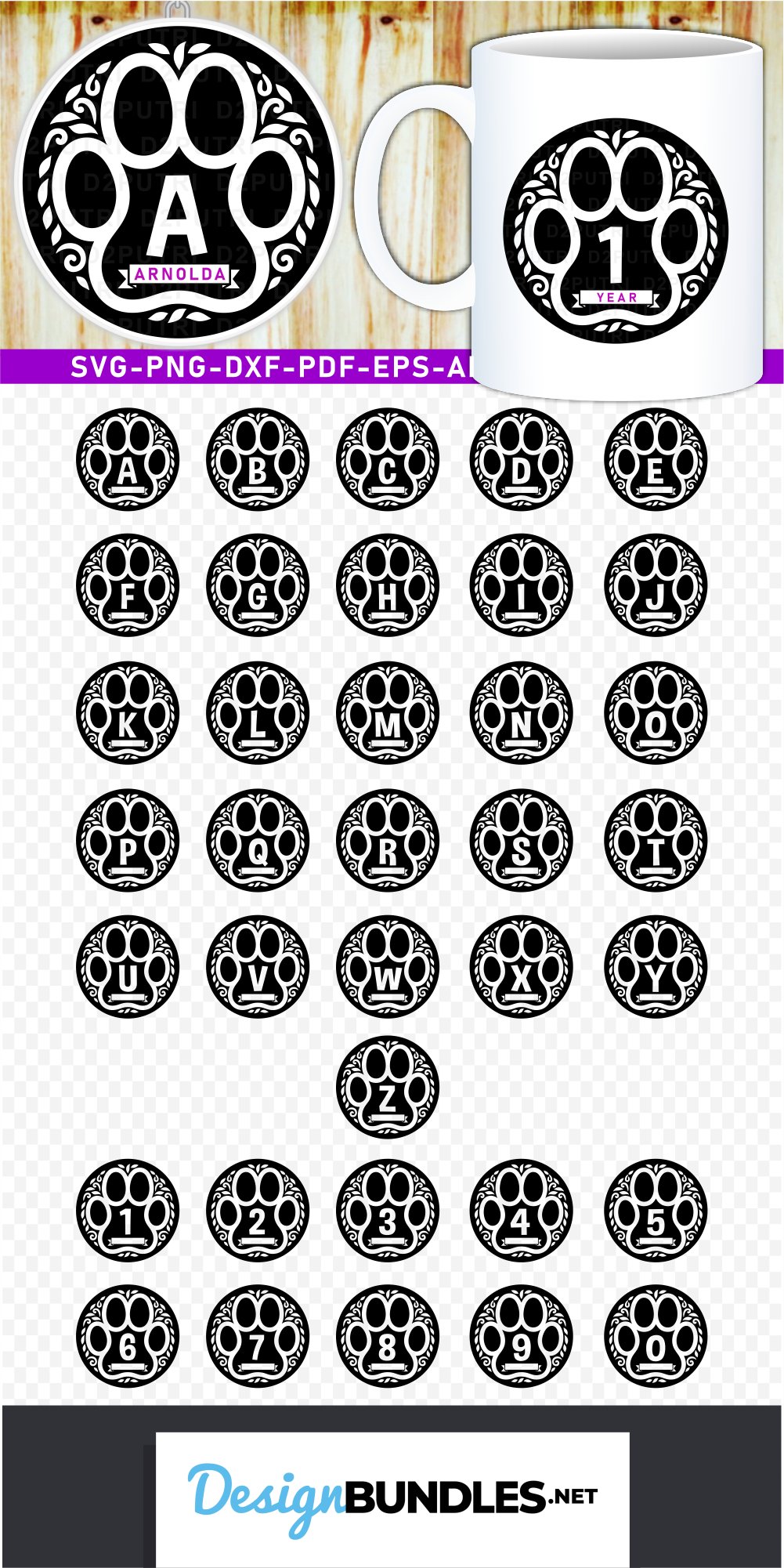 Dog Paw Split Monogram Letters SVG, Cat Paw Monogram Letter