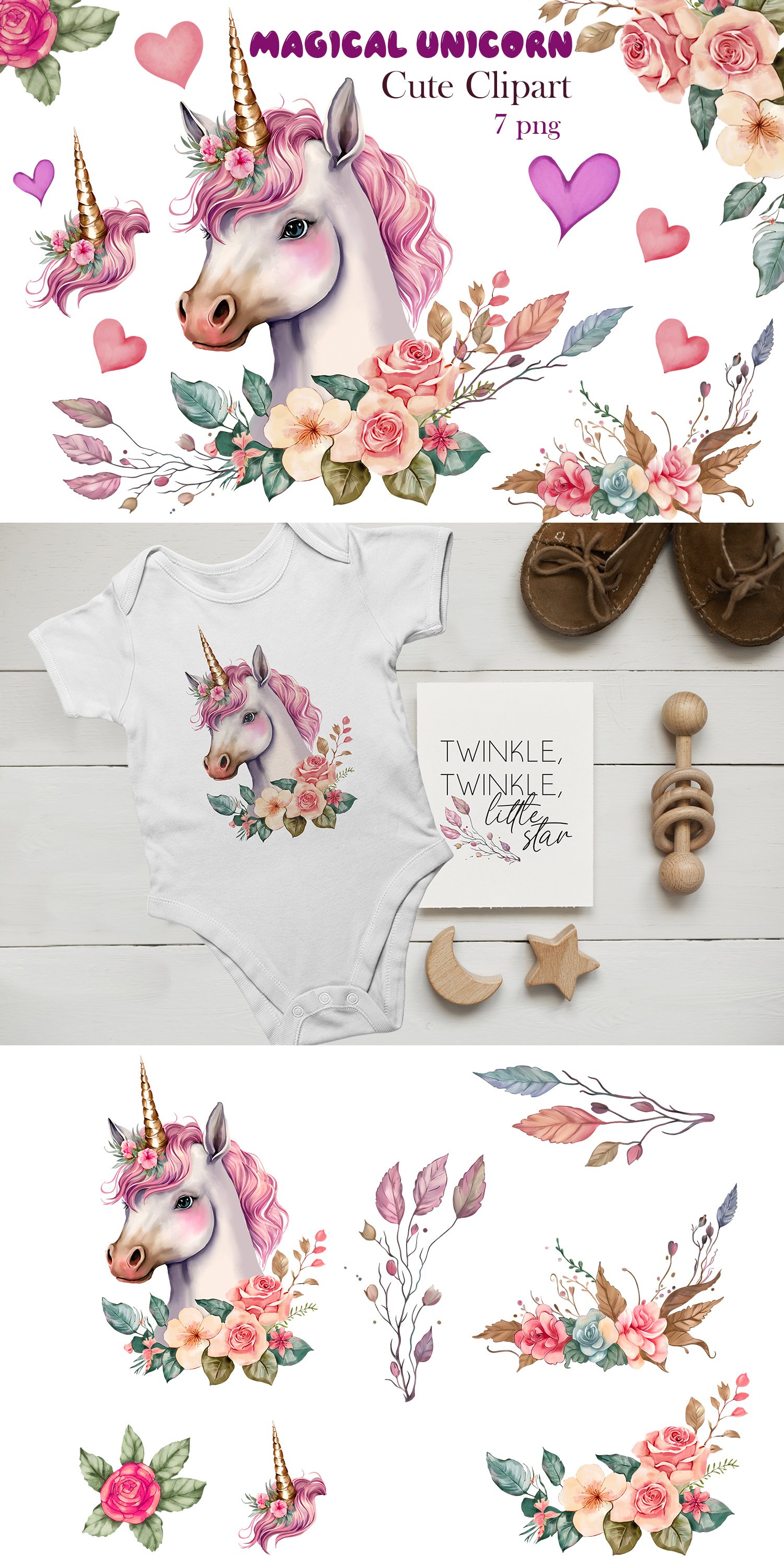 Cute Magical Unicorn clipart, birthday clipart (2455673)