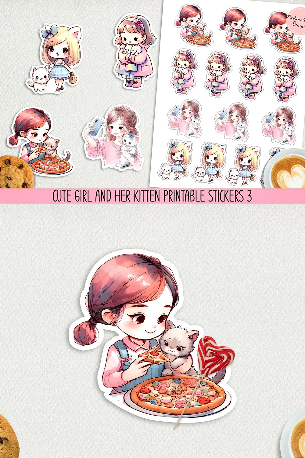 Cute girl and her kitten printable stickers 3. PNG.
