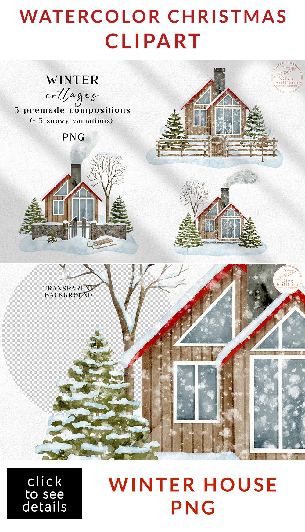 Winter House Clipart. Christmas Watercolor PNG