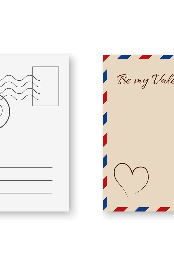 Valentines postcard. Romantic postage cards with stamps. Whi