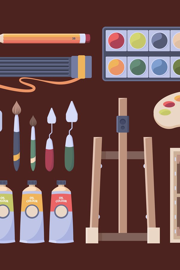 Artist items. Tools for painter brushes canvas oil tubes eas