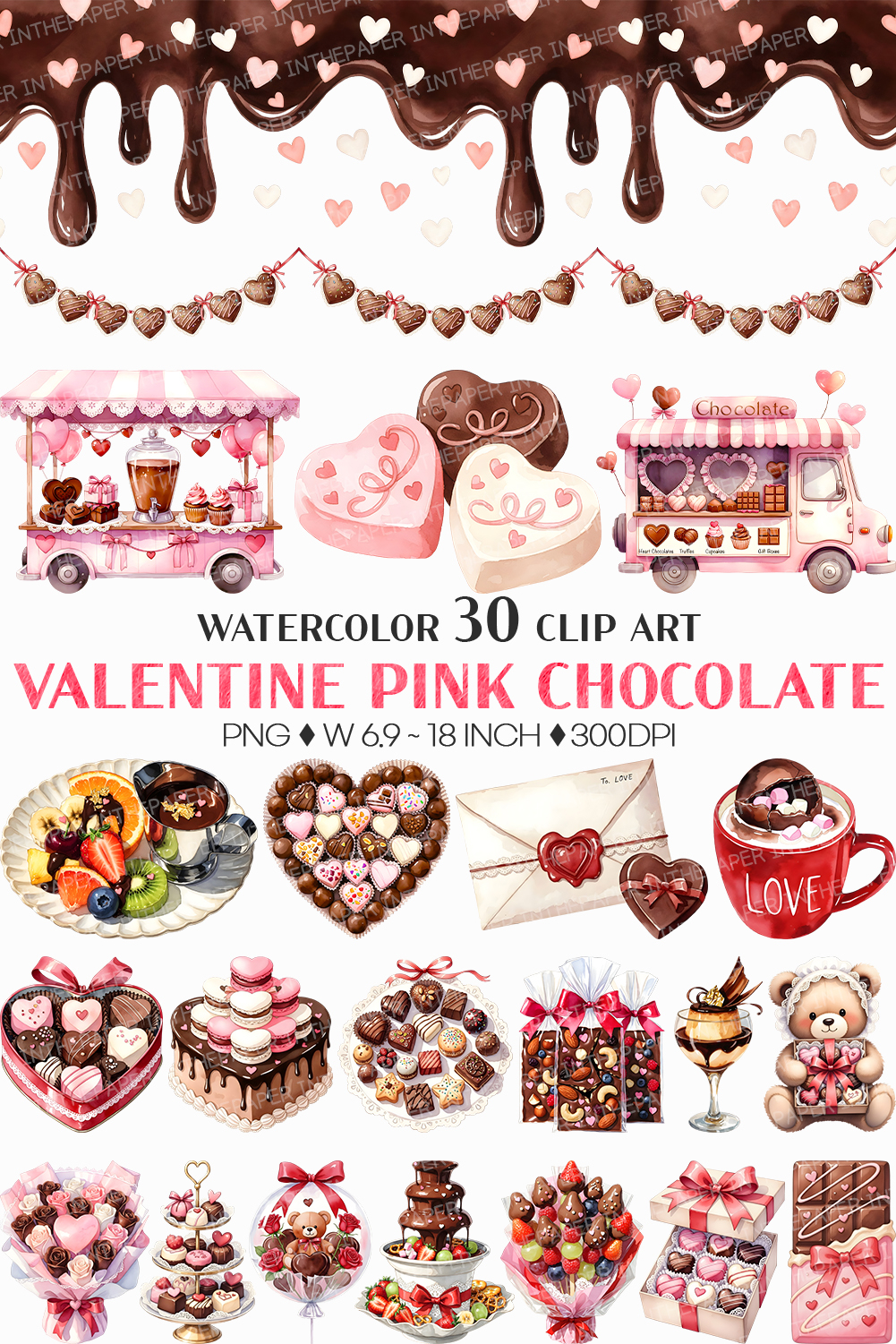 Cute Valentine Day Pink Chocolate | Watercolor dessert sweet