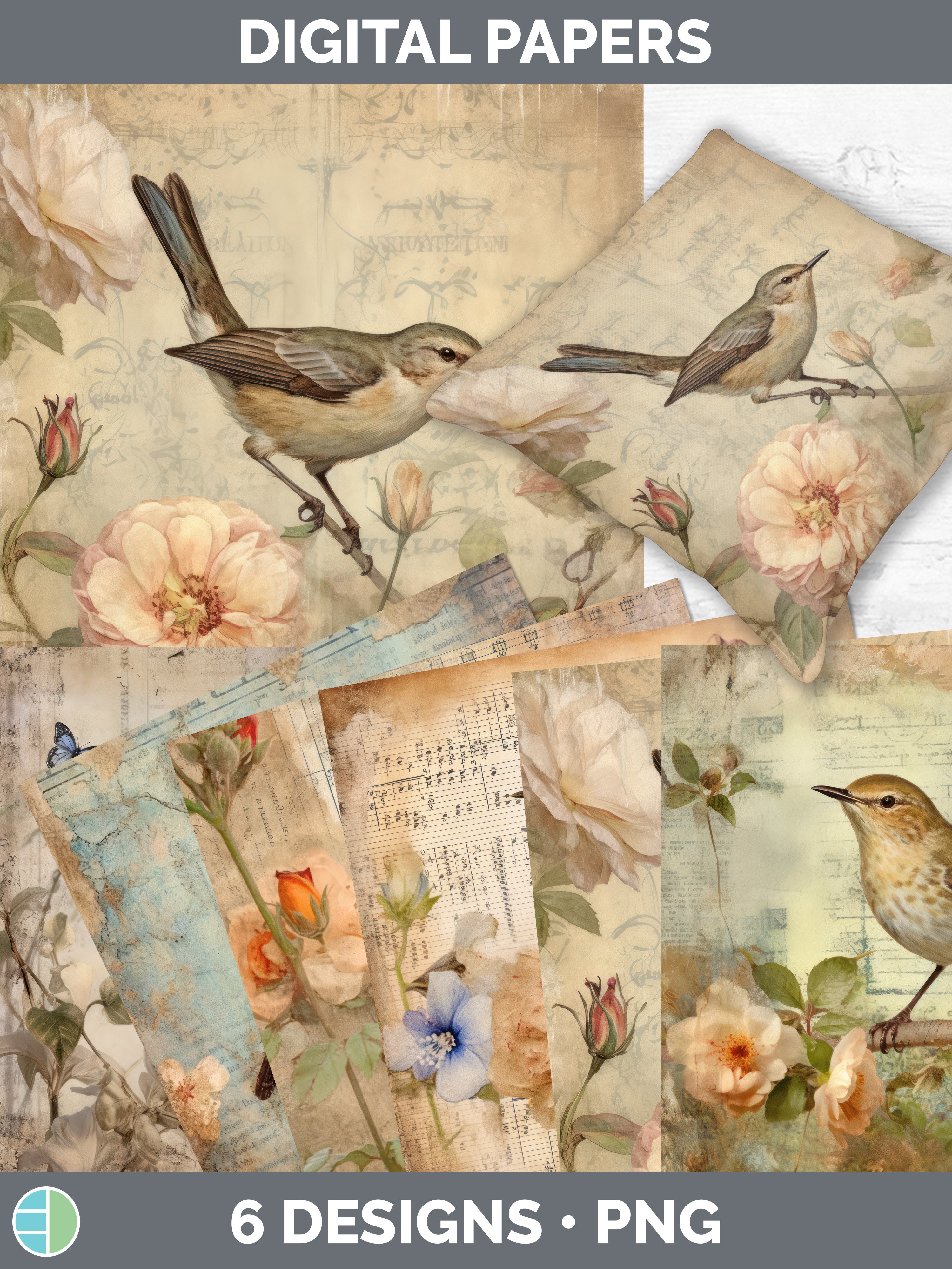 Vintage Wren Bird Paper Backgrounds | Digital Scrapbook Pape