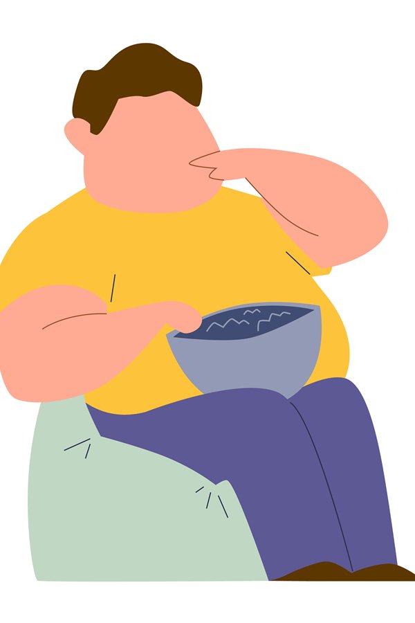 Eating addiction. Mental ill addict fat man sitting in chair