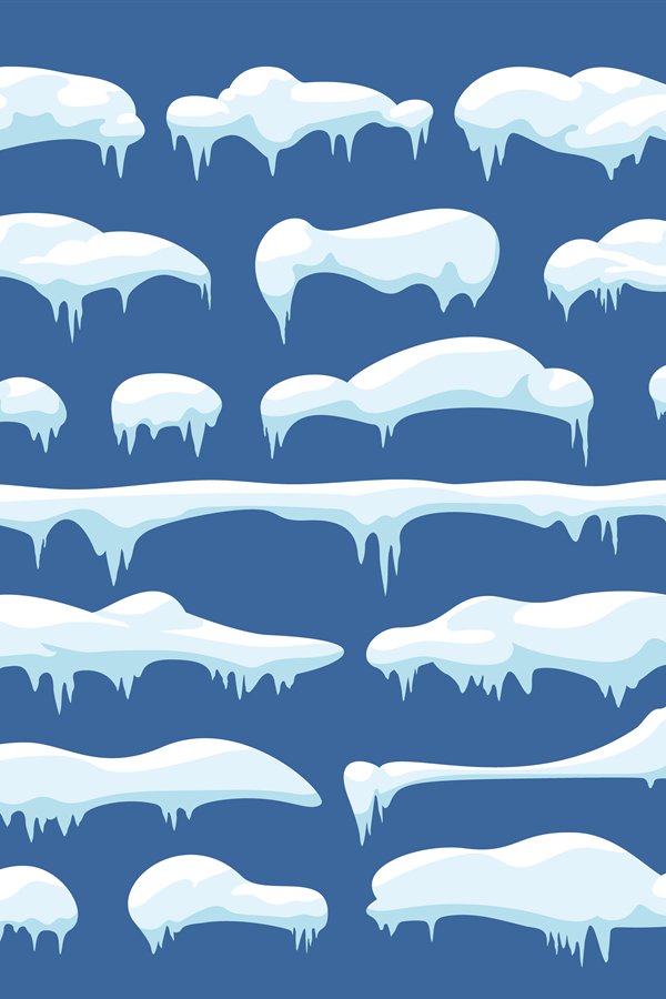 Cartoon snow caps, snowdrifts and icicles. Snowy christmas d