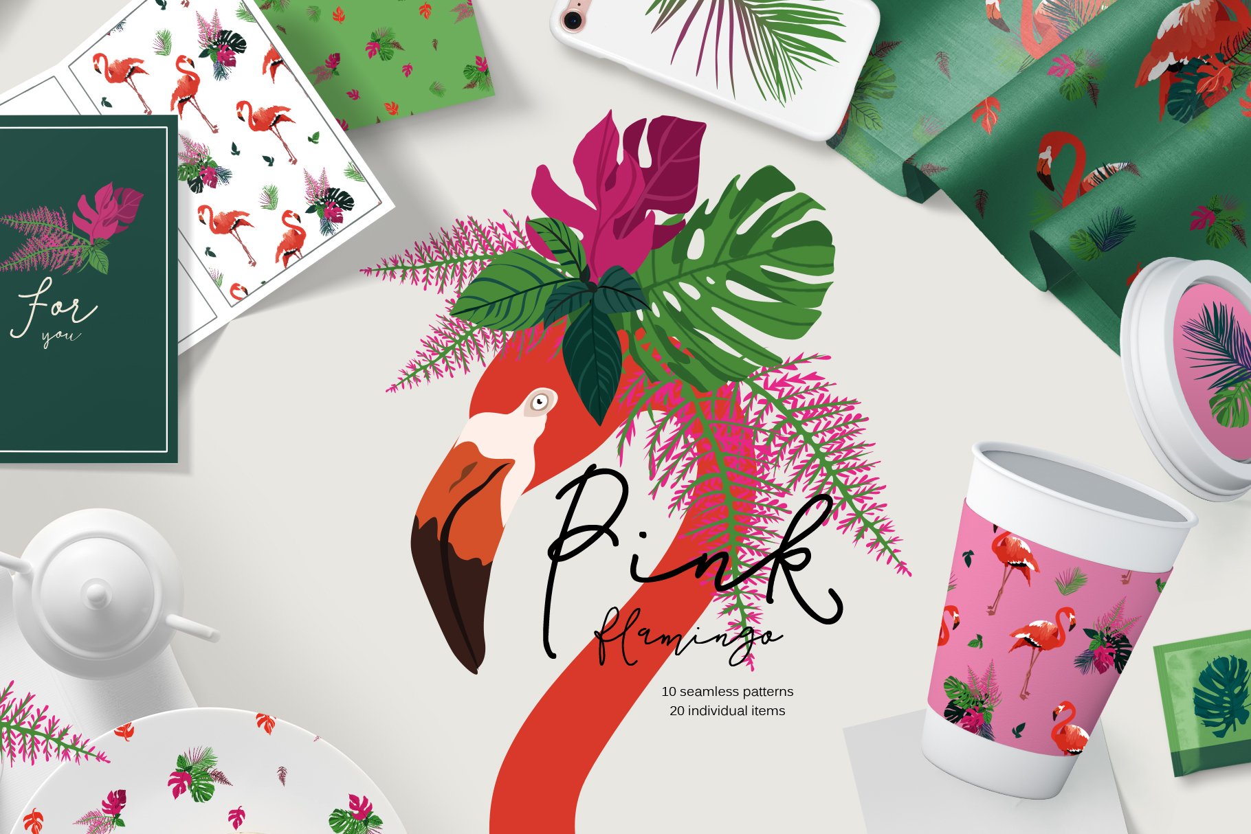 Set of pink flamingos seamless patterns