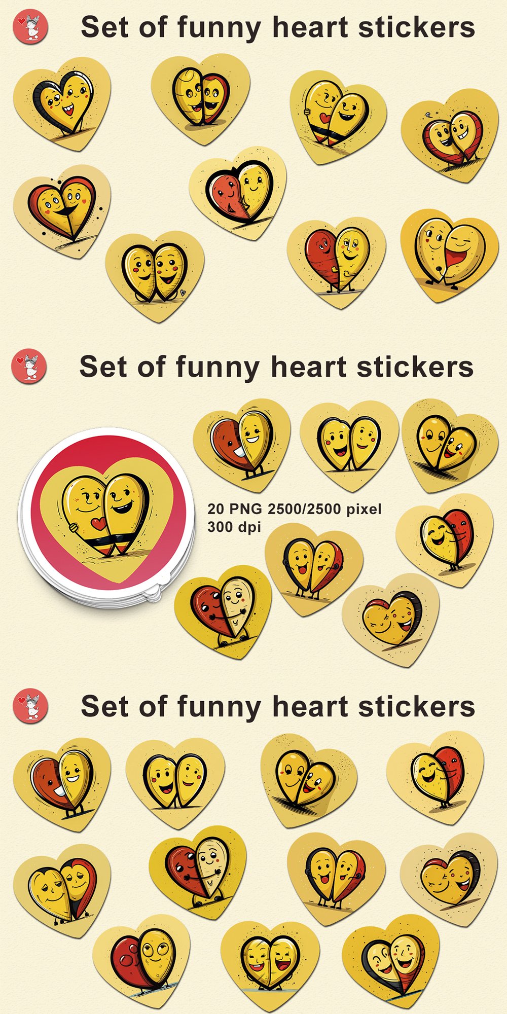 Set of funny heart stickers