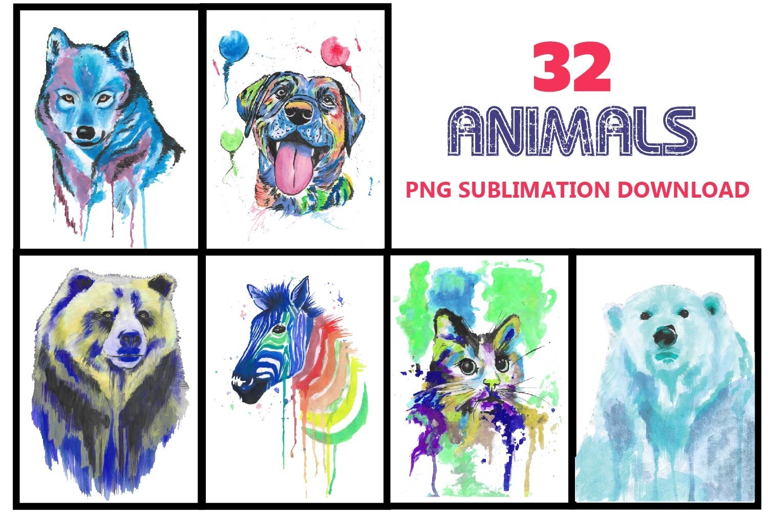 Watercolor Animals sublimation design PNG