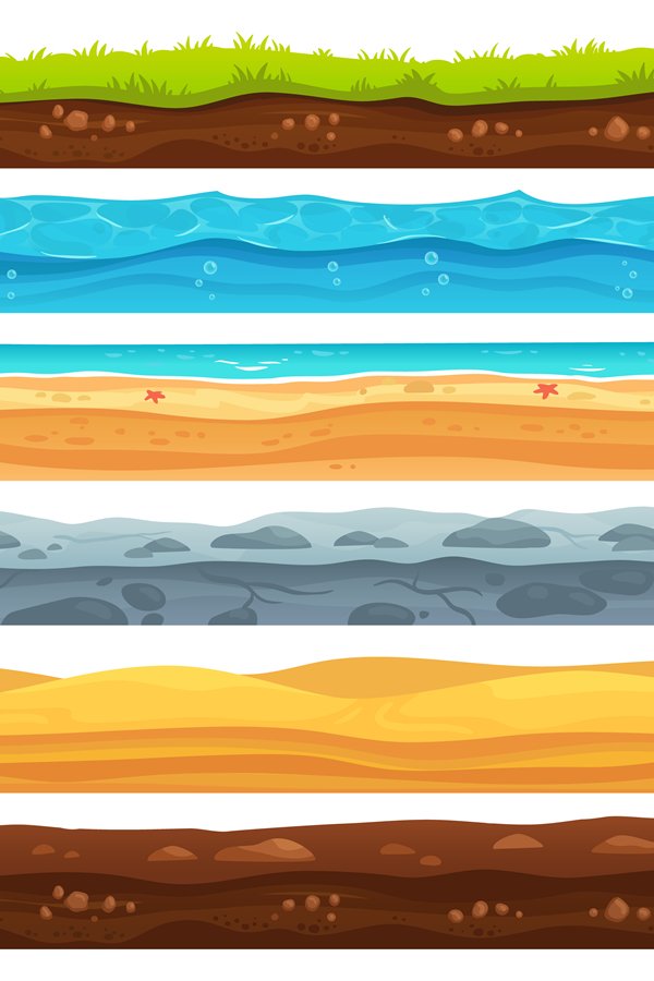 Seamless ground surface. Green grass land landscape, sandy d