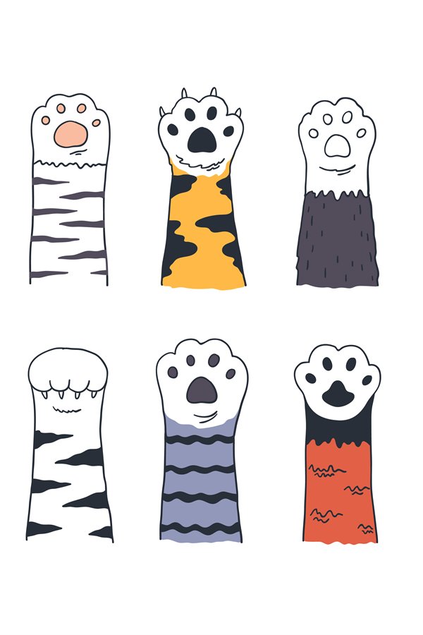 Cat paws. Doodle animal foot, cute cartoon kitten and puppy