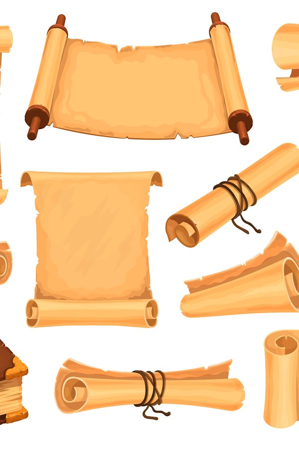 Cartoon parchment paper and magic book for fantasy game. Anc