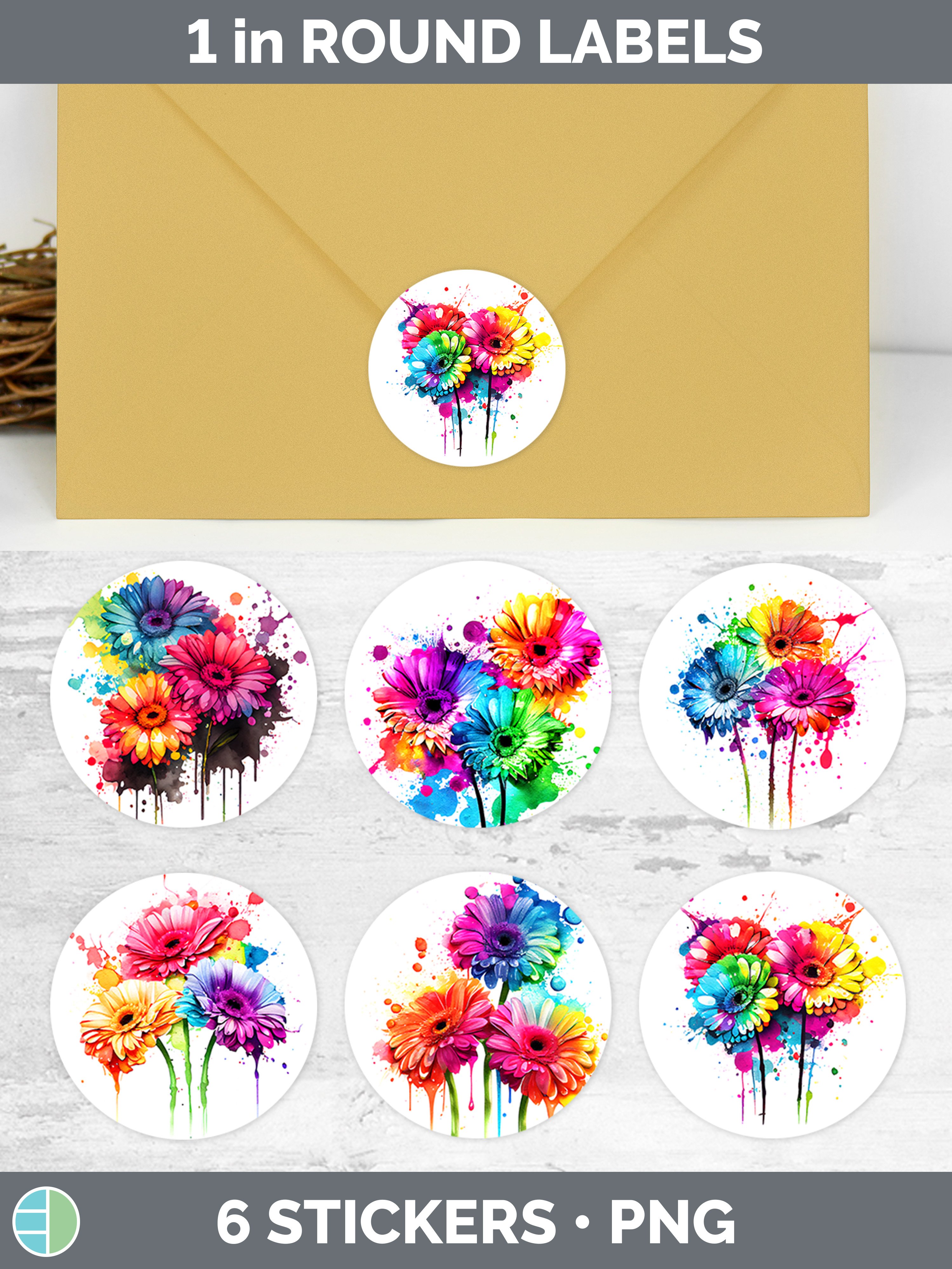 Rainbow Gerbera Daisy Flowers Stickers | Round Labels Design