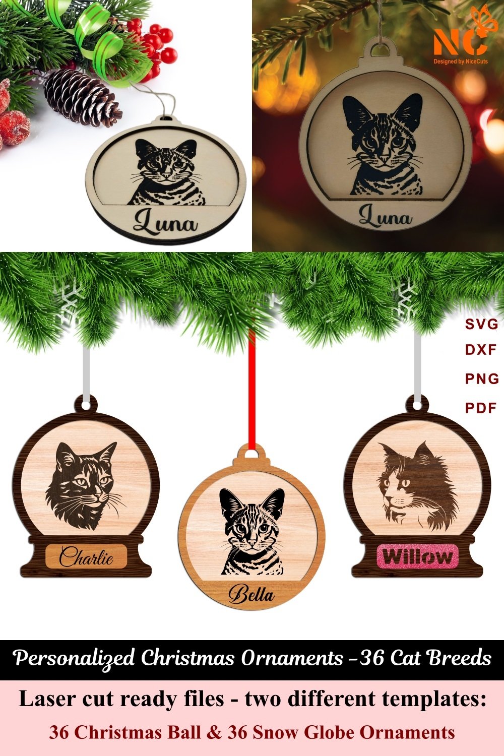 Custom Cat Breed Ornaments: 36 Laser Cut Digital Bundle