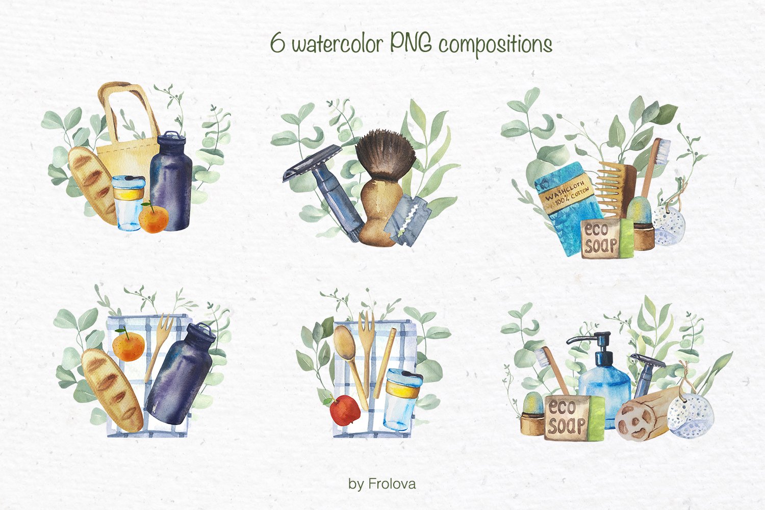 Zero Waste clipart. Eco illustrations.Watercolor zero waste.