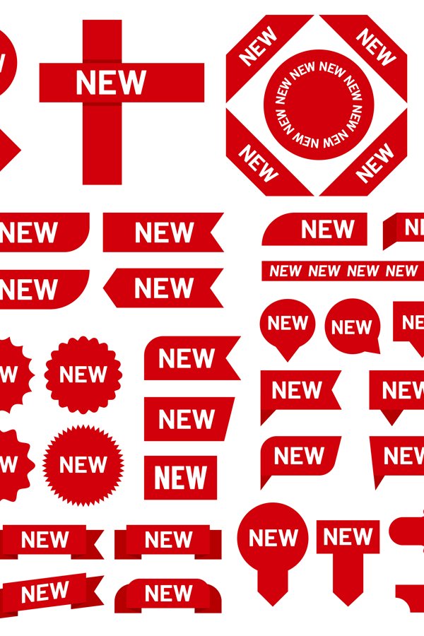 New sticker badge. Newest arrival sale ribbon stickers, red