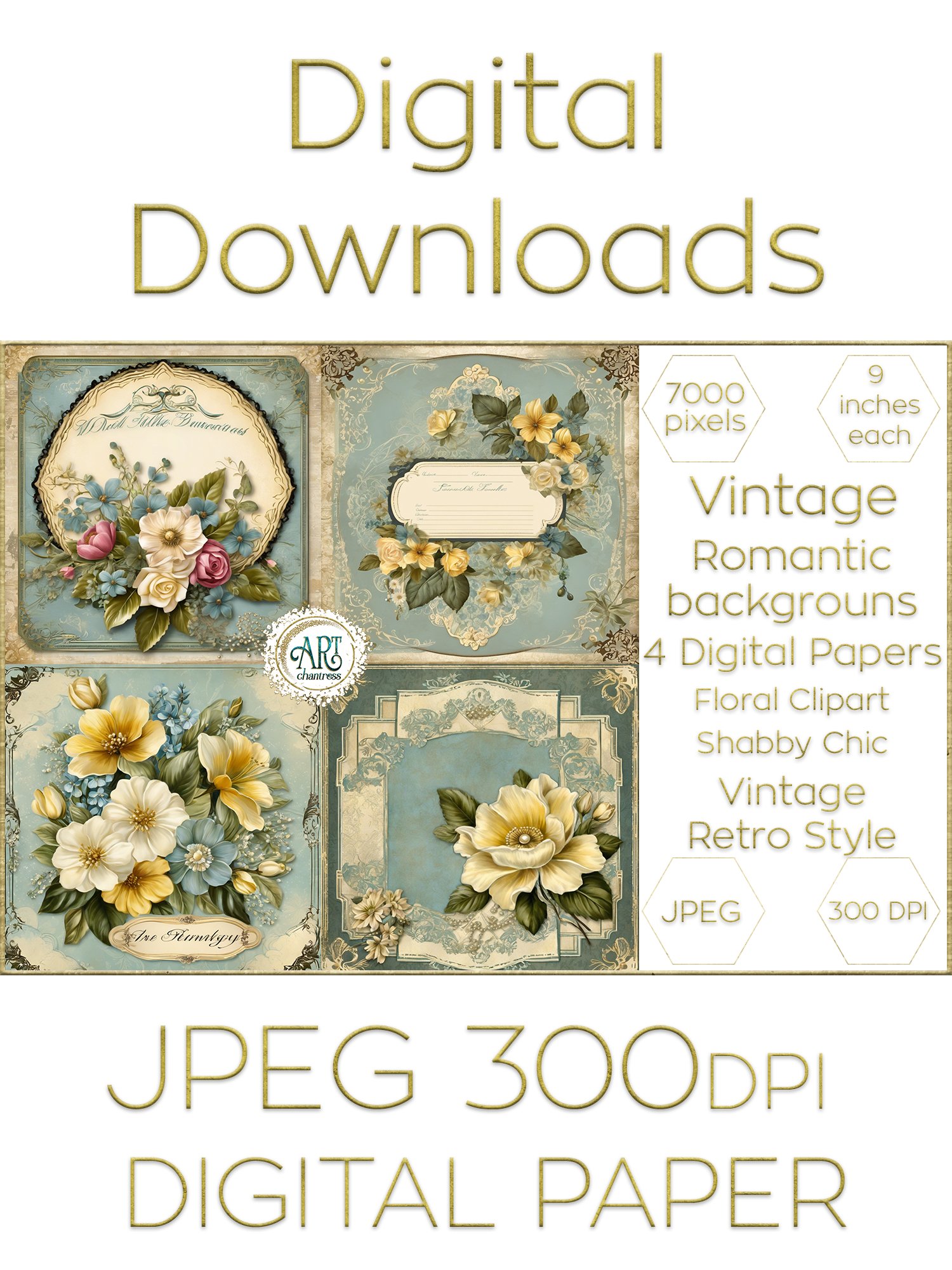 Vintage Floral Grey Blue Old Romantic Retro Digital Papers