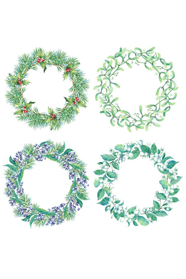 Bundle of 4 Watercolor winter wreaths JPG, PNG