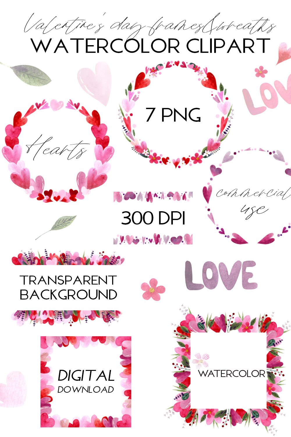 Watercolor hearts frames clipart. Valentines (1666403)