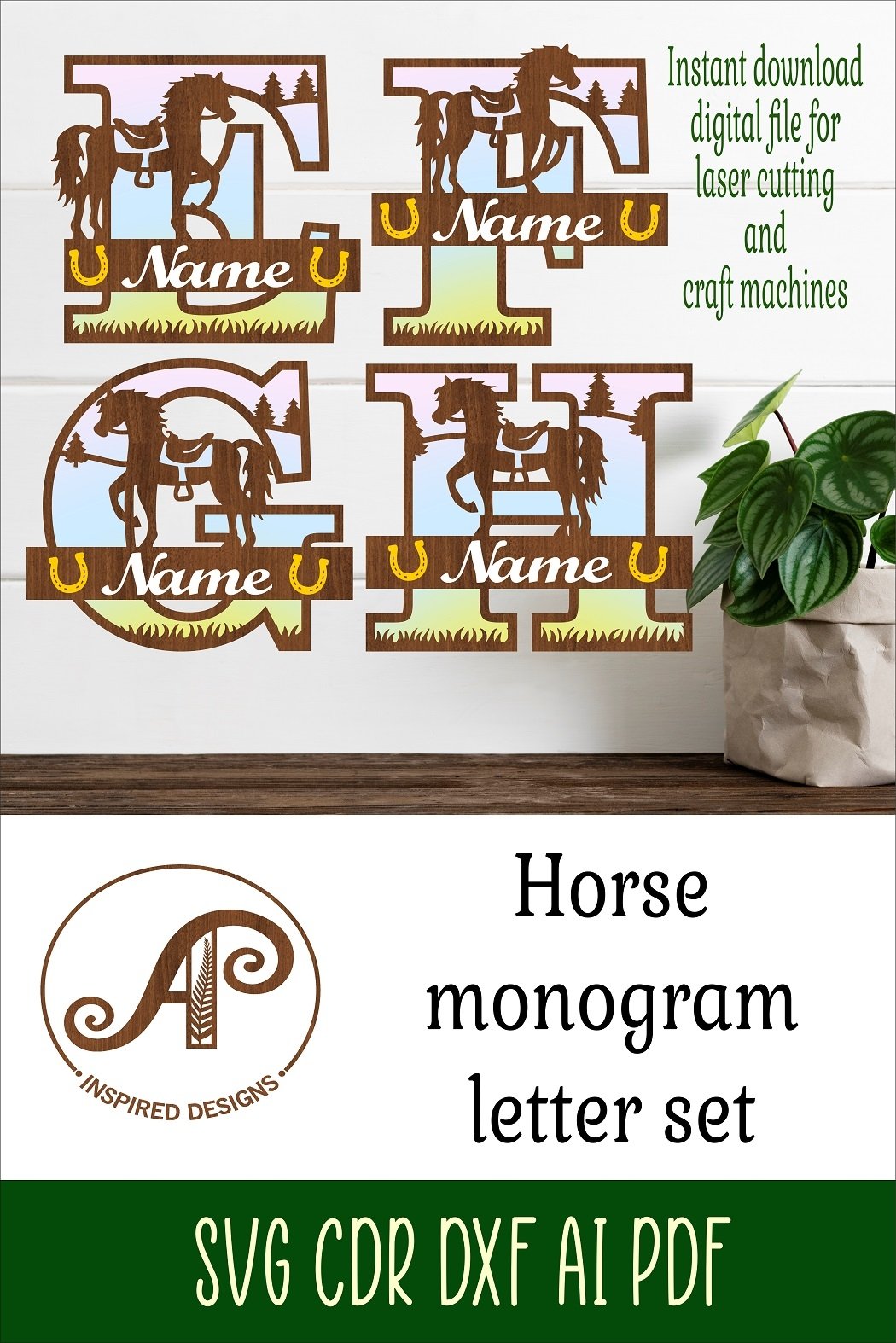 Horse monogram letter bundle Name signs SVG 3 layer