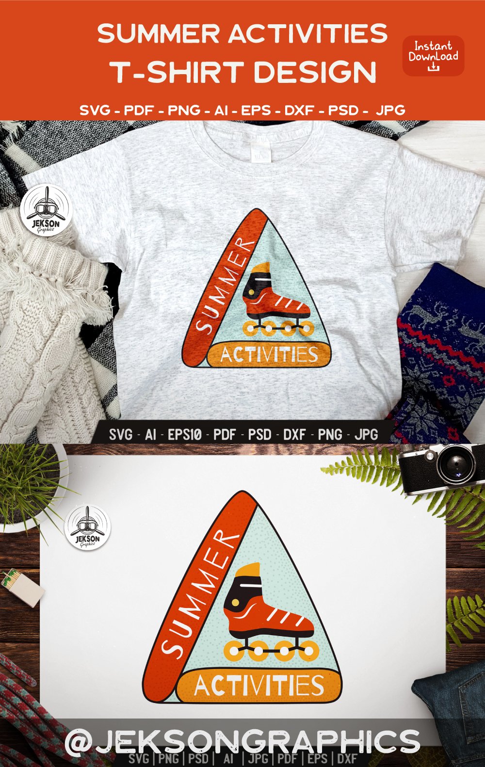 Summer Activities Sublimation T Shirt Design with Roller Ska