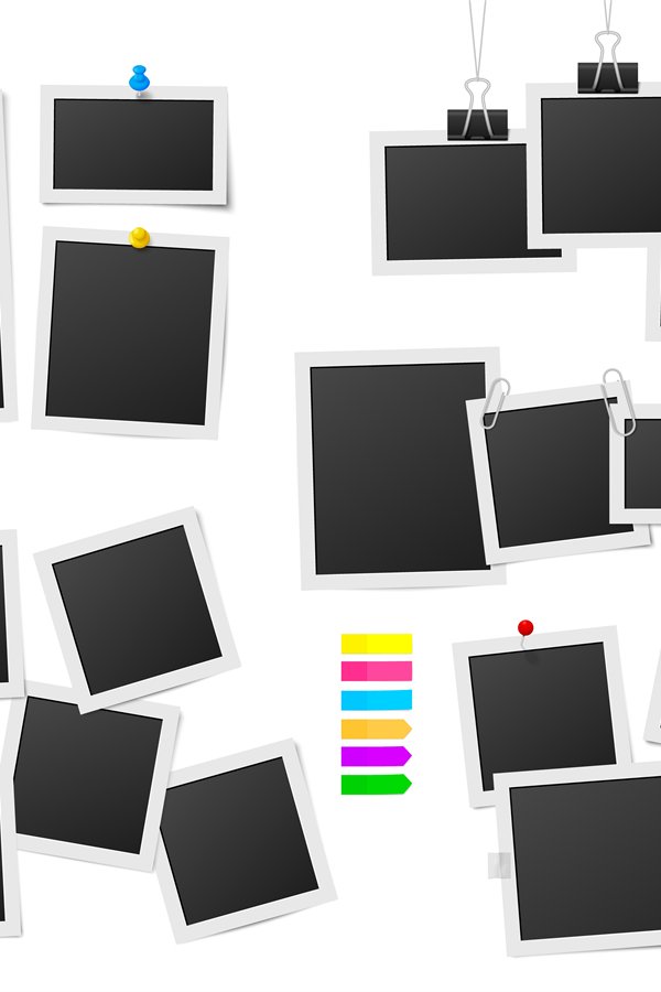 Frames and pins. Photos frame collage, sticker pins and tape