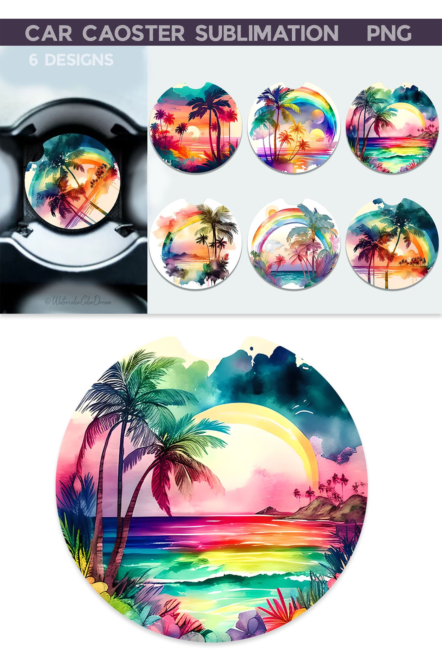 Sunset Beach Car Coaster Bundle | Tropical Beach Car Coaster