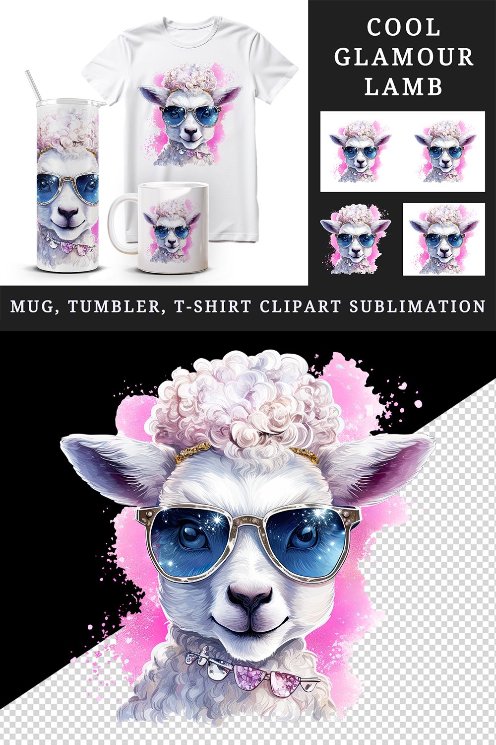 Cute cool lamb tumbler, mug wrap, clipart sublimation design