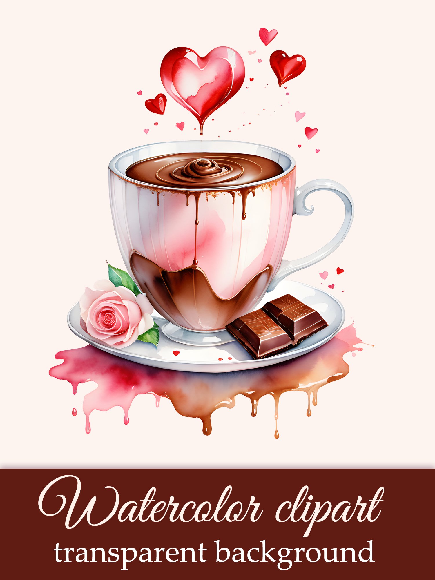 Watercolor coffee cup with hearts and chocolate, clipart Png