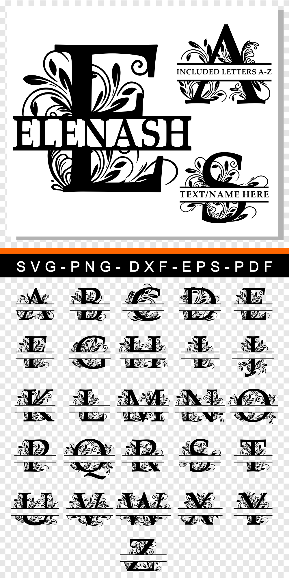Monogram Flourish Split Alphabet Letters, Ornate Font SVG