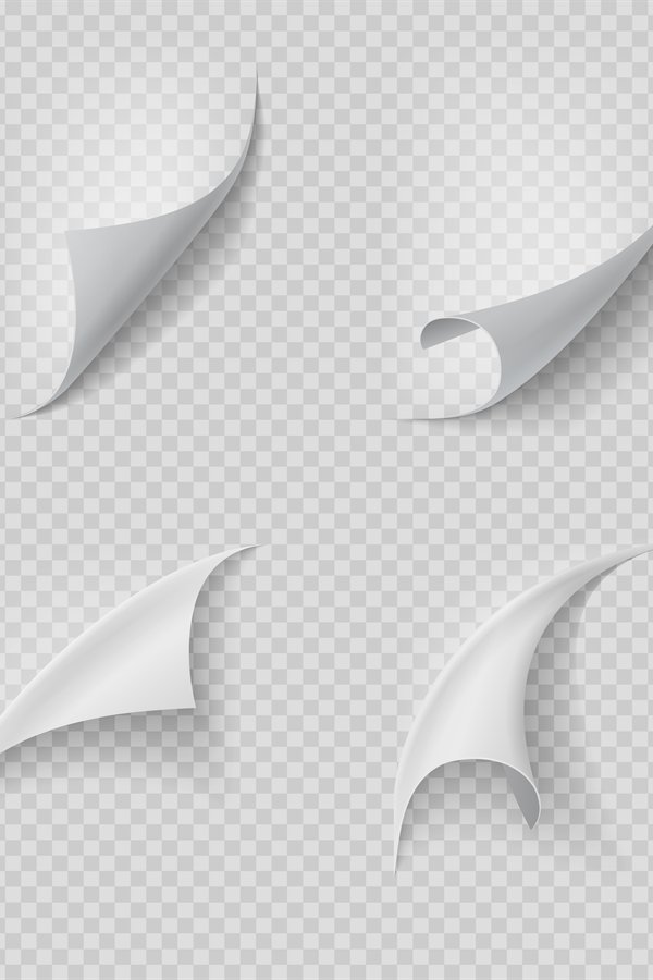 Curled page corner. Folded and rolled paper corner set isola