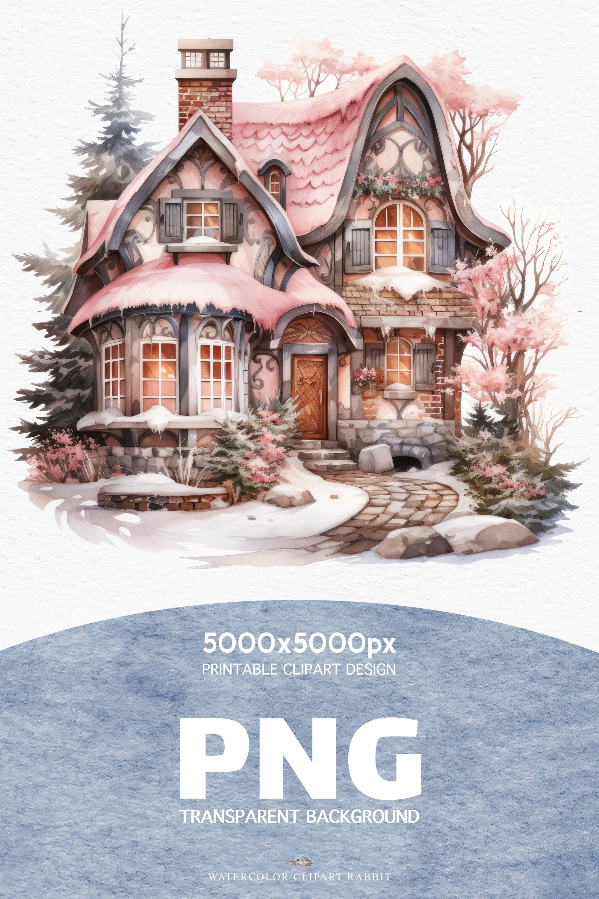 Pink Christmas HouseWinter Landscape Scene Village Clipart