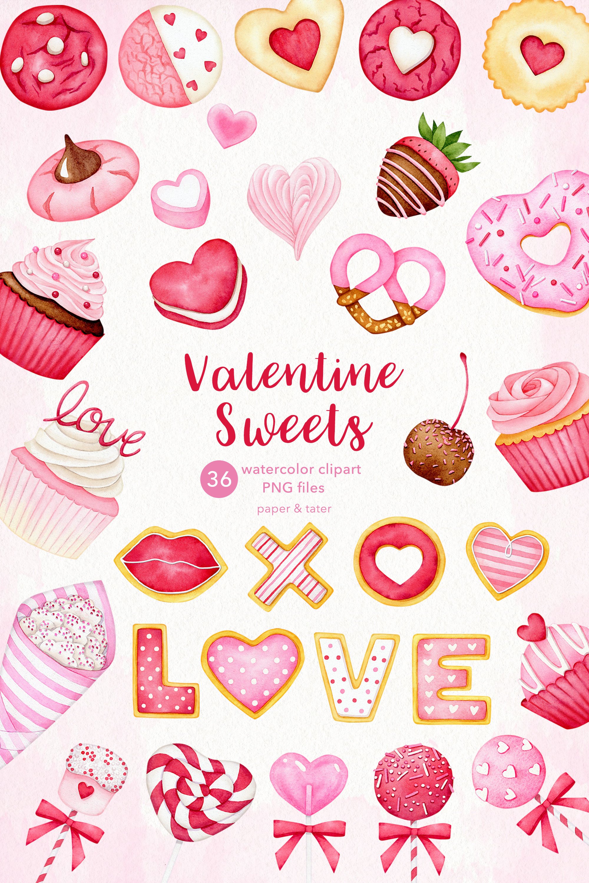 Watercolor Valentine Sweets Clipart, Love Cookie Cupcake PNG