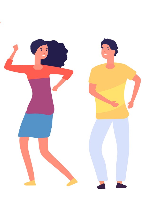 Cartoon dancing people. Happy young persons dance, joyful ad