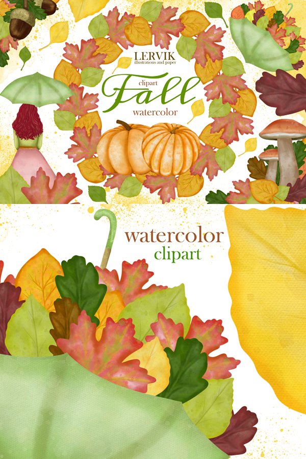 Watercolor Hello Full Clipart set, Autumn png
