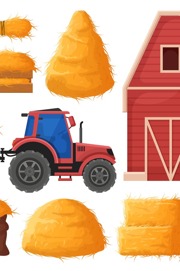 Farm hay making, hayloft, straw barn and agricultural tracto