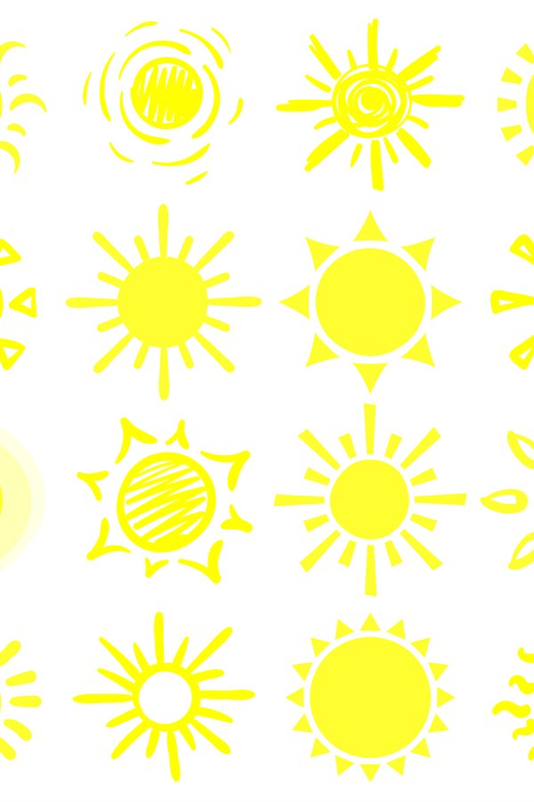 Summer sun sketch. Hand drawn suns, warm sunrise sunlight