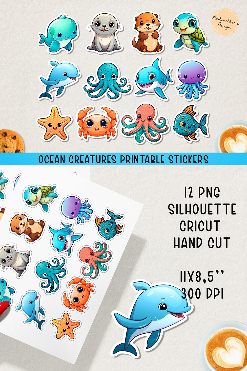 Cute ocean creatures printable stickers. PNG.