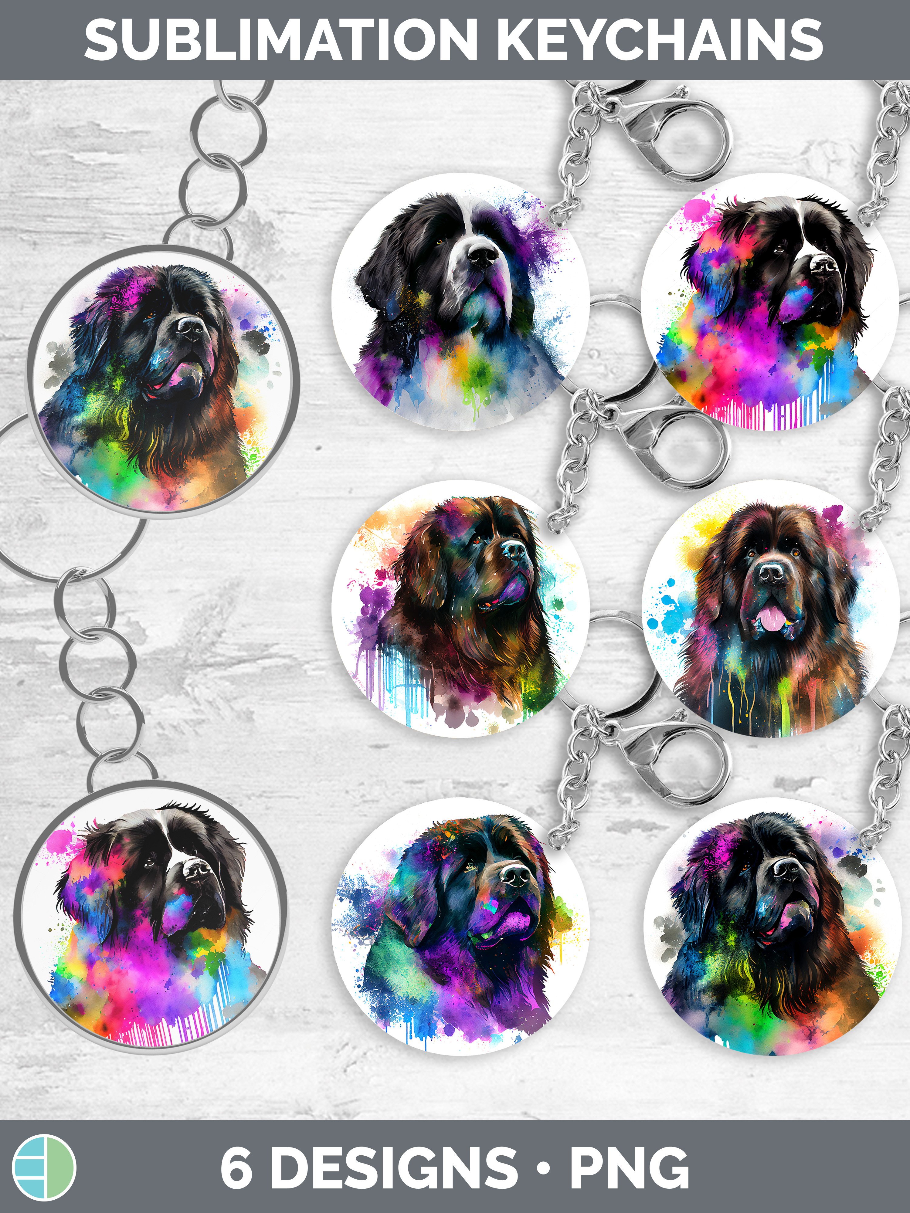 Rainbow Newfoundland Dog Keychain | Sublimation Keyring Desi