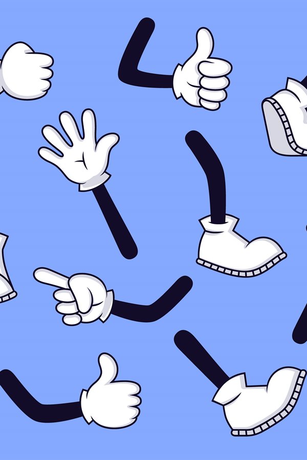 Cartoon legs and hands. Comic character gloved arm and feet