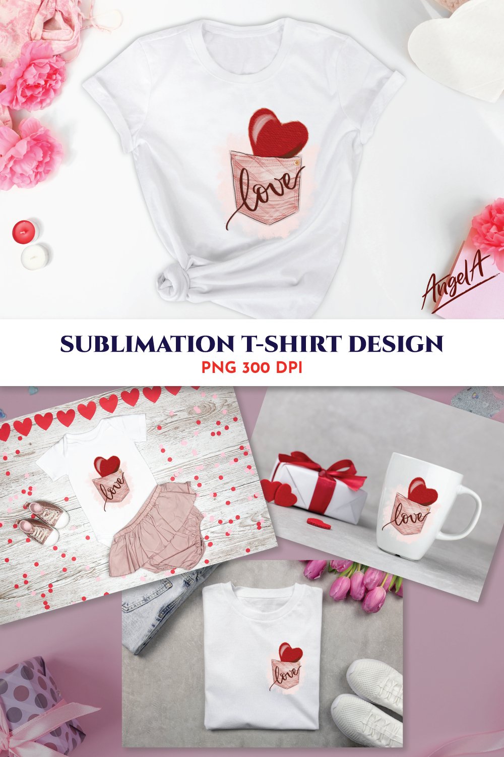 Pocket with Red heart png. Valentines sublimation design