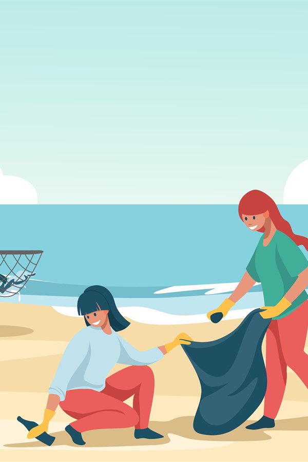 People cleaning beach. Cartoon characters collecting trash a