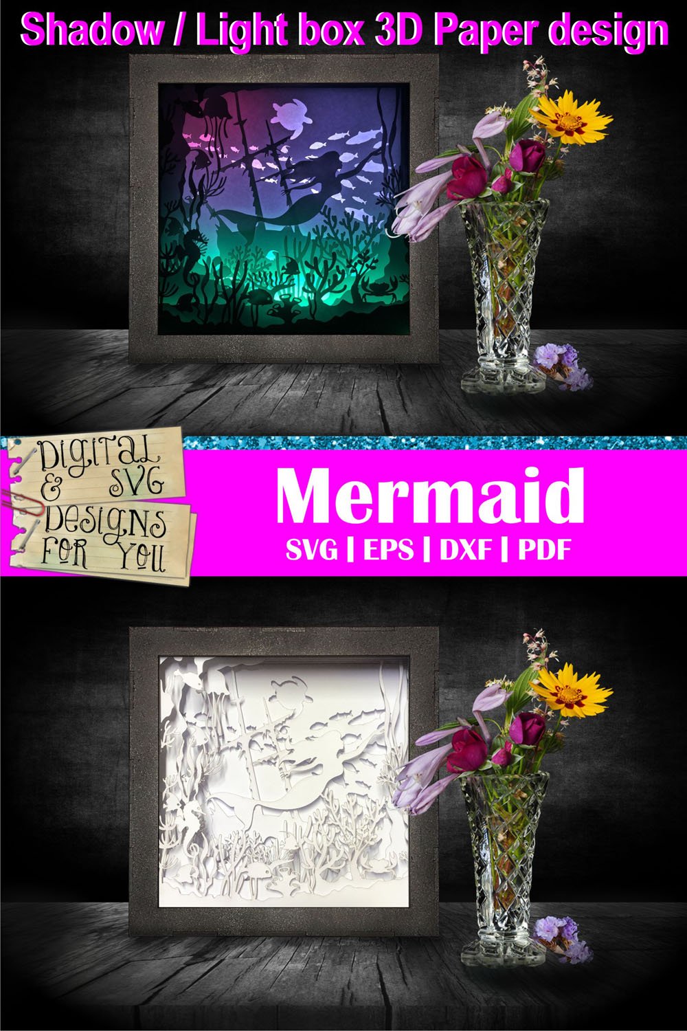 Mermaid 1 - 3D Light box | 3d Shadow box | swimming mermaid