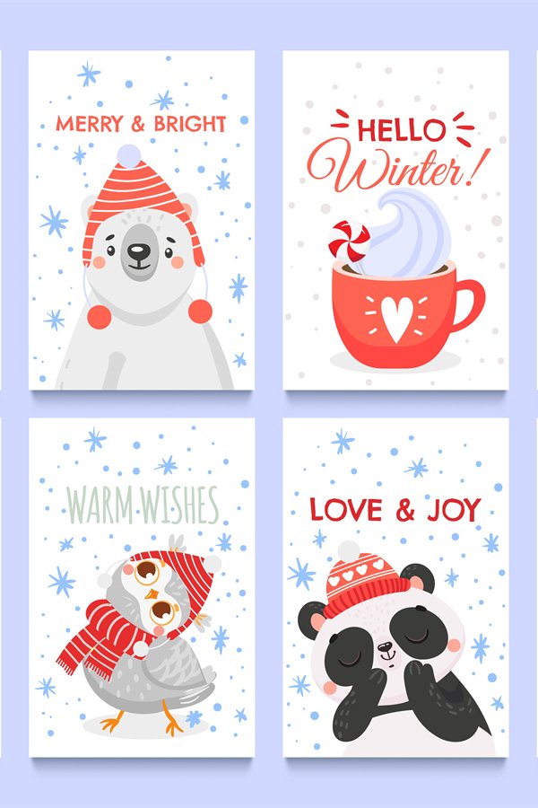 Cute animals christmas cards. Vector christmas winter holida