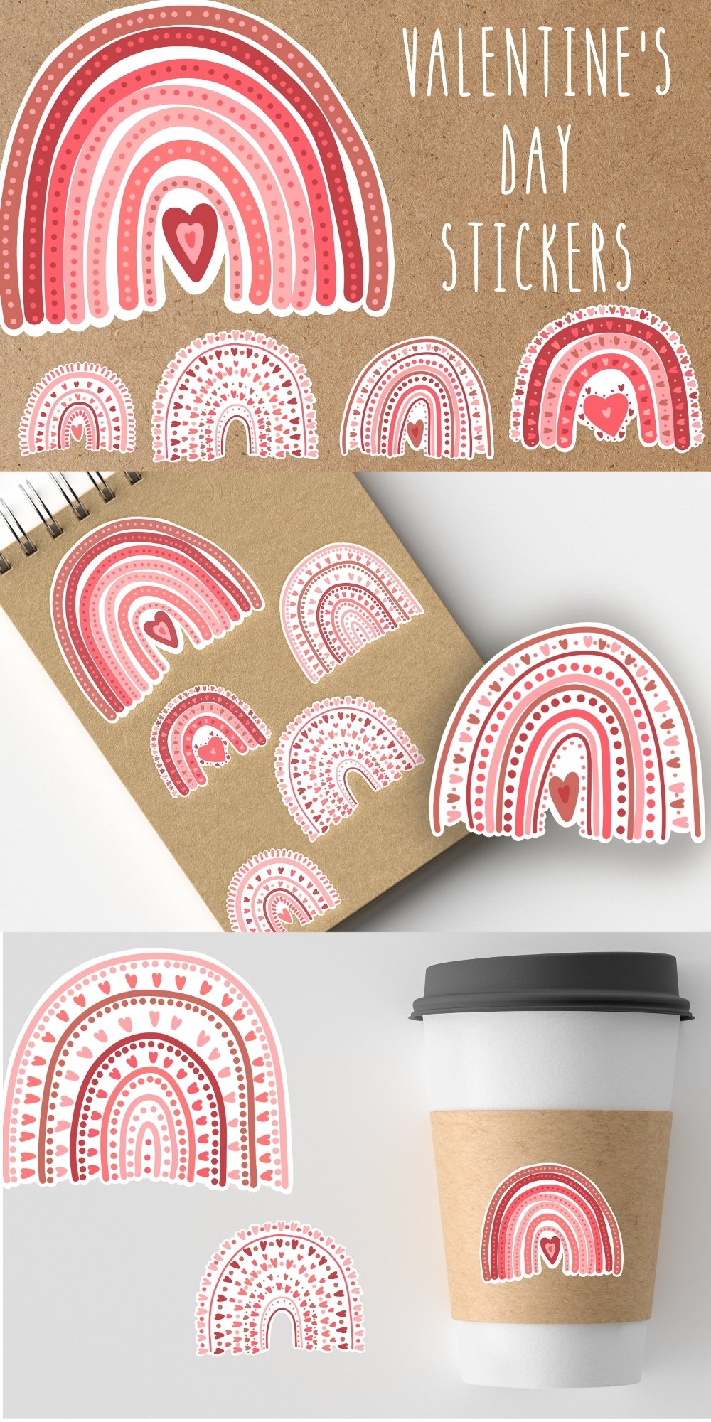 Valentine's day stickers - 6 lovely colourful rainbows