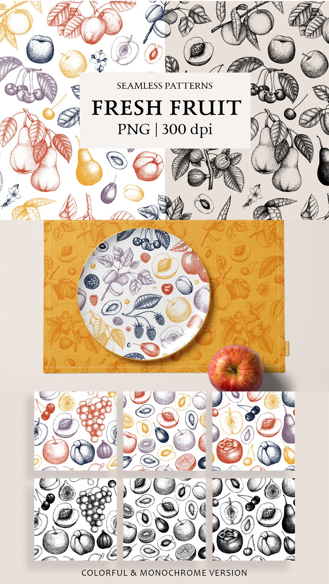 Hand-drawn Fruit Seamless Patterns Set.