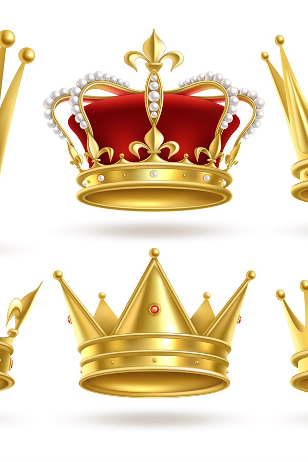 Realistic golden crowns. King, prince and queen gold crown a