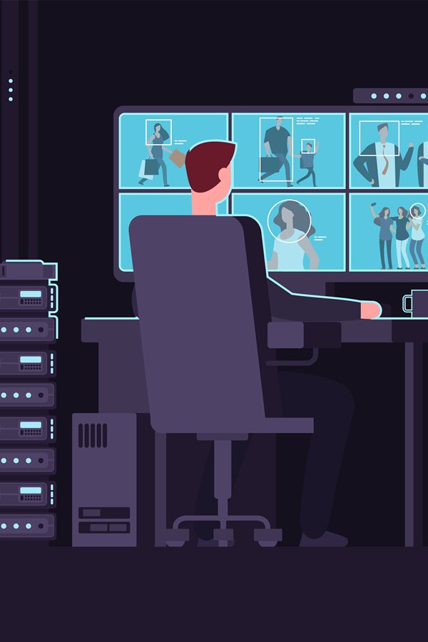 Surveillance monitoring room. Man watching surveillance came