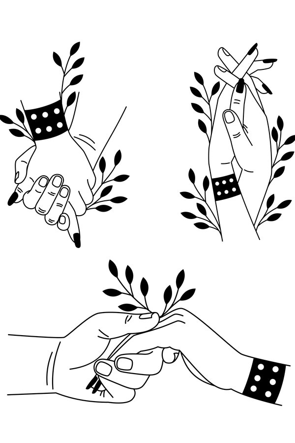Hands togetherness set. Cartoon romantic touch caring palms,