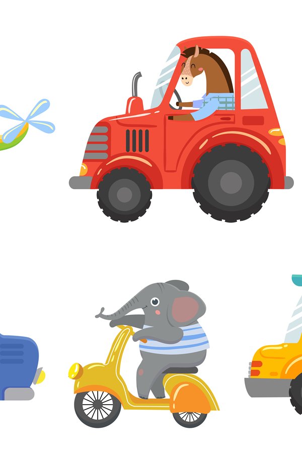 Cute animal drivers. Animal driving car, tractor and truck.